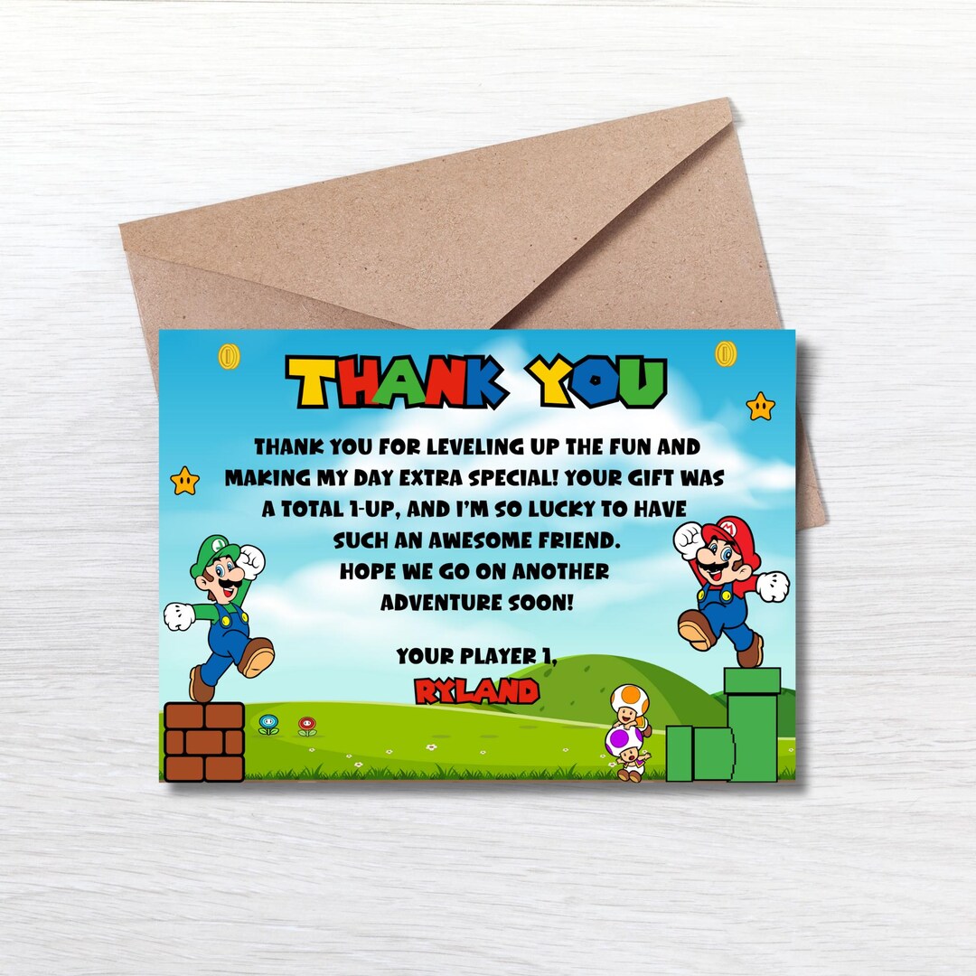 Super Mario Birthday Thank You Card, Printable Mario Bros Party Card, Editable Digital Card ...