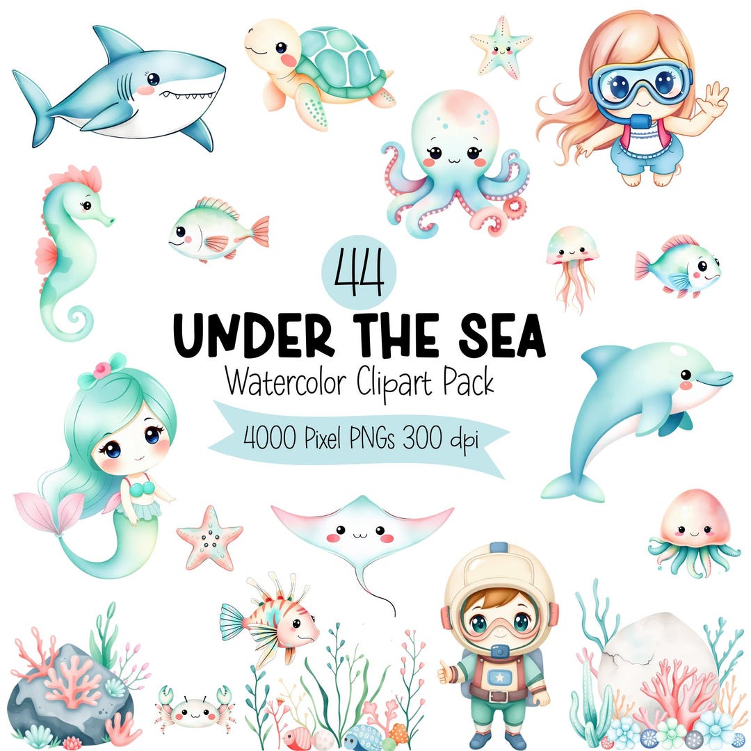 Watercolor Under the Sea Clipart – Ocean Animals & Mermaids, PNG Set ...