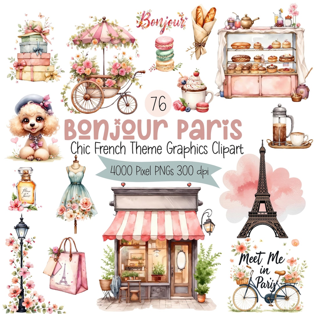 Paris Clipart Bundle | Watercolor Eiffel Tower & French Cafe Graphics ...