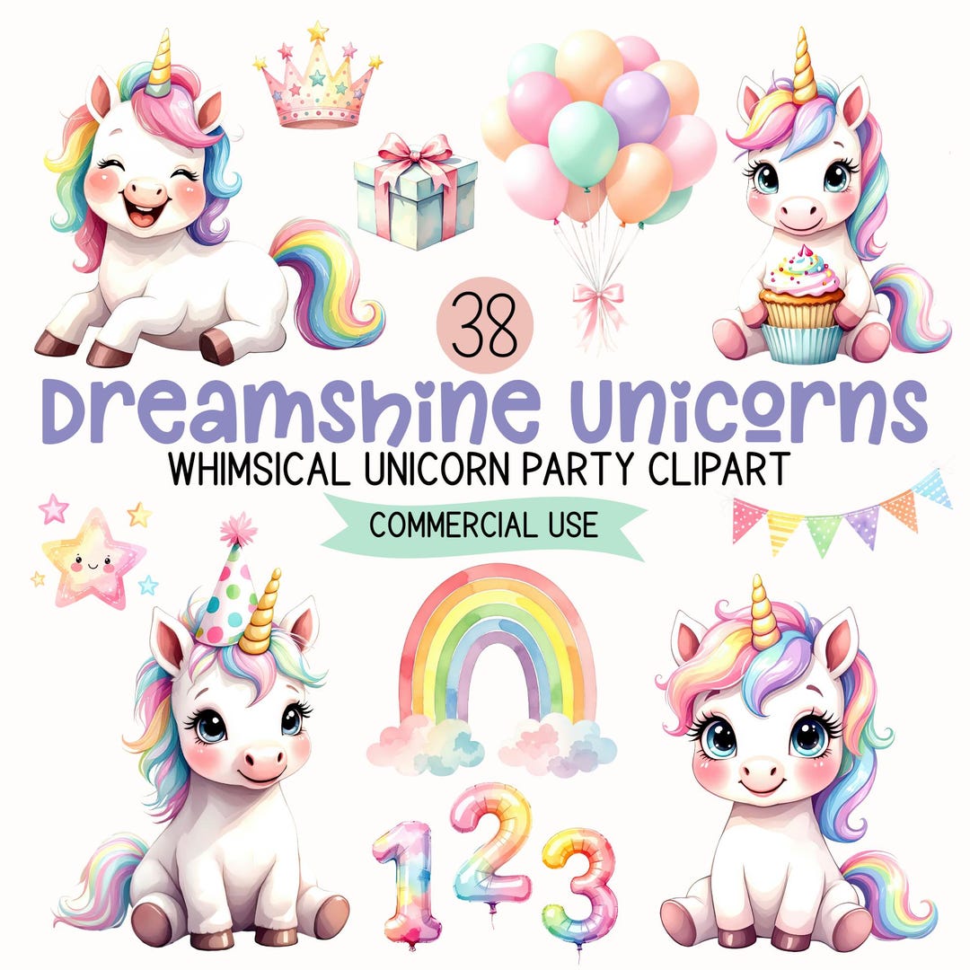 Unicorn Party Clipart Set – Whimsical Rainbow Birthday Graphics, Pastel ...