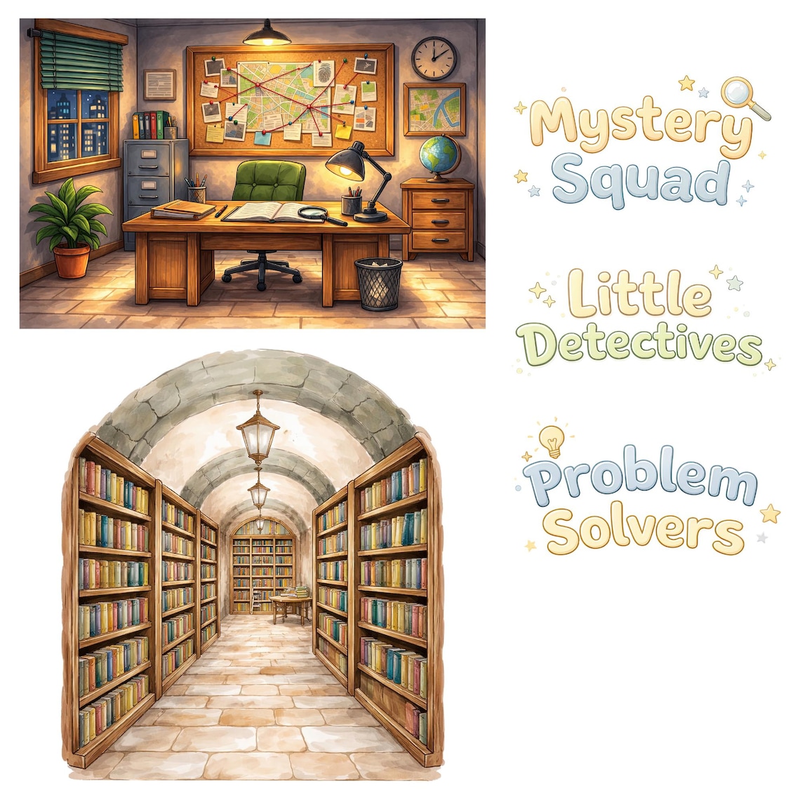 Kid Detective Clipart Bundle, Watercolor Mystery Party PNG, Vintage ...