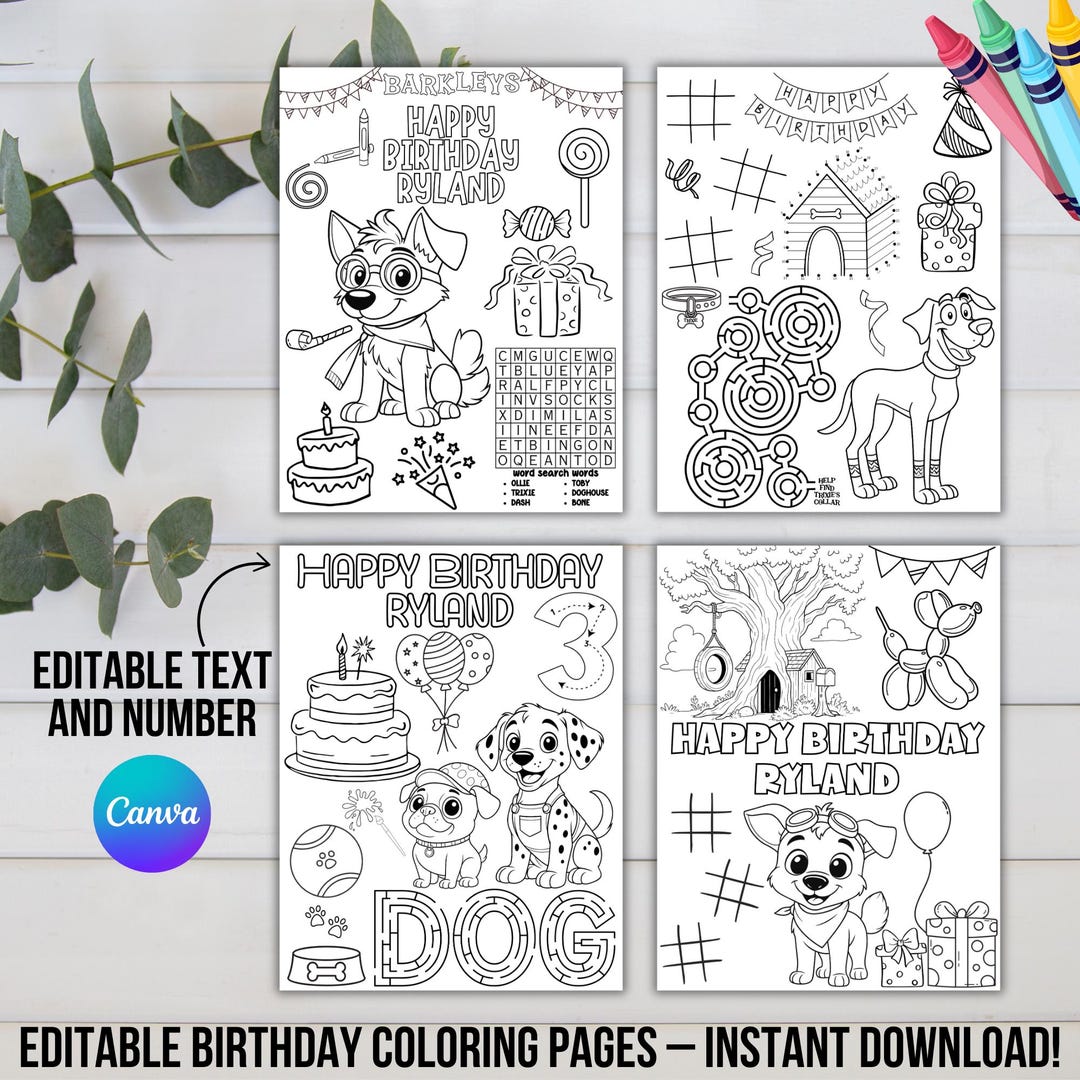 Dog Birthday Coloring Pages for Kids, Editable Puppy Party Printable ...