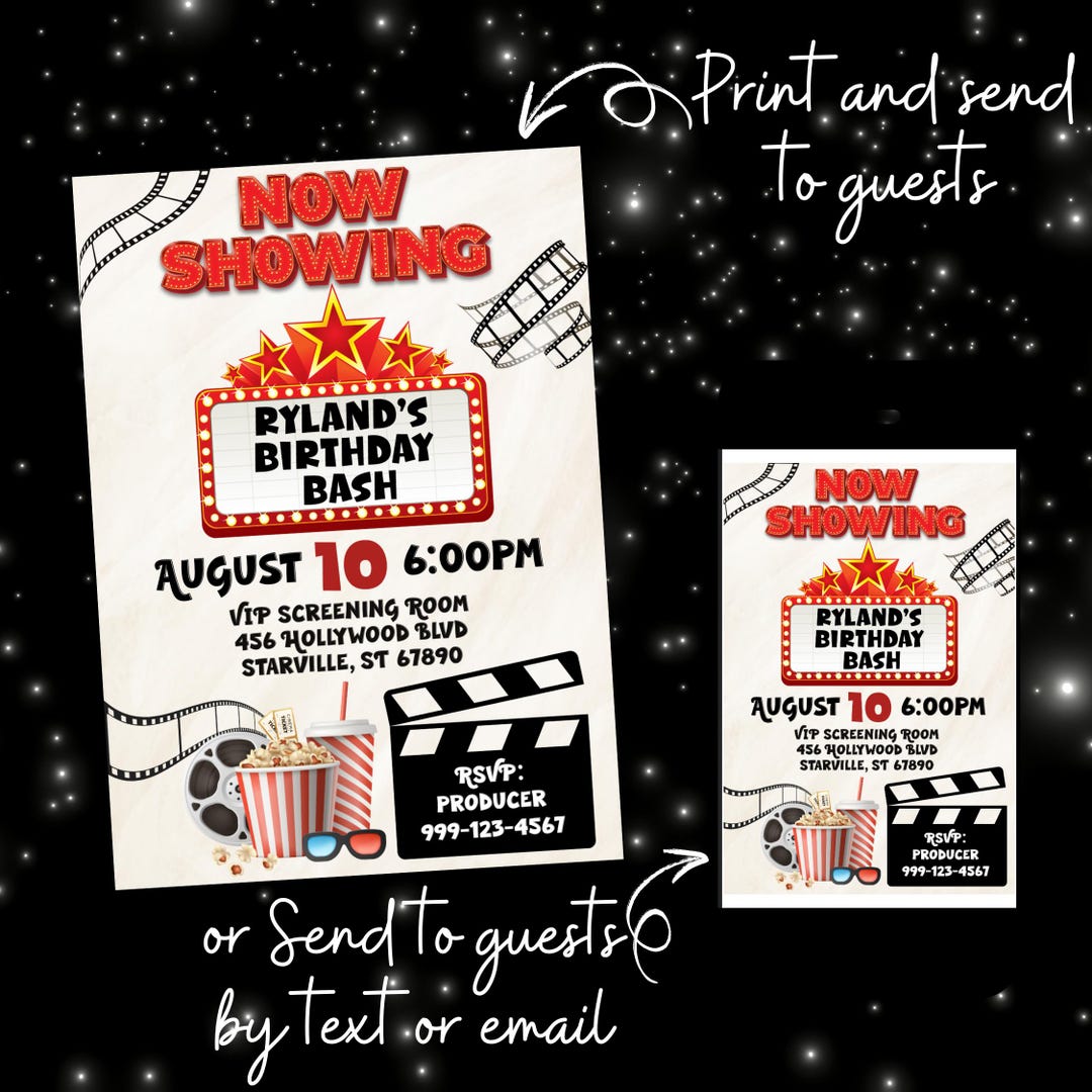 Editable Movie Birthday Party Invitation, Movie Night Invite, Kids ...