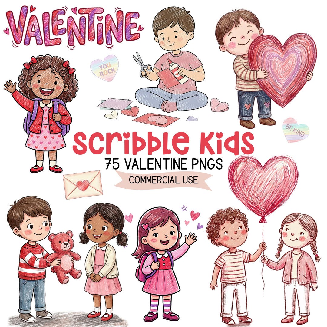 Valentine Kids Clipart, Crayon Style Classroom PNG, Scribble Kids ...