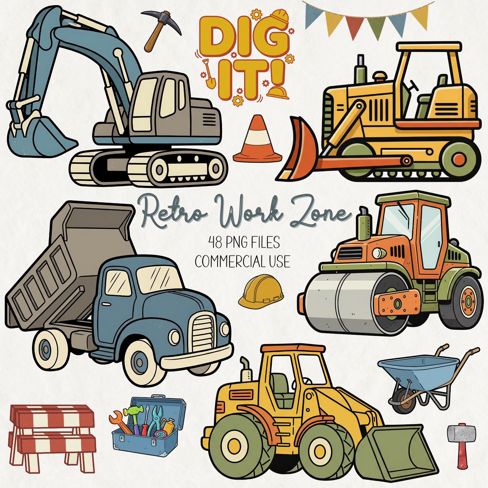 Retro Construction Clipart Bundle, Vintage Work Zone Builder Birthday ...
