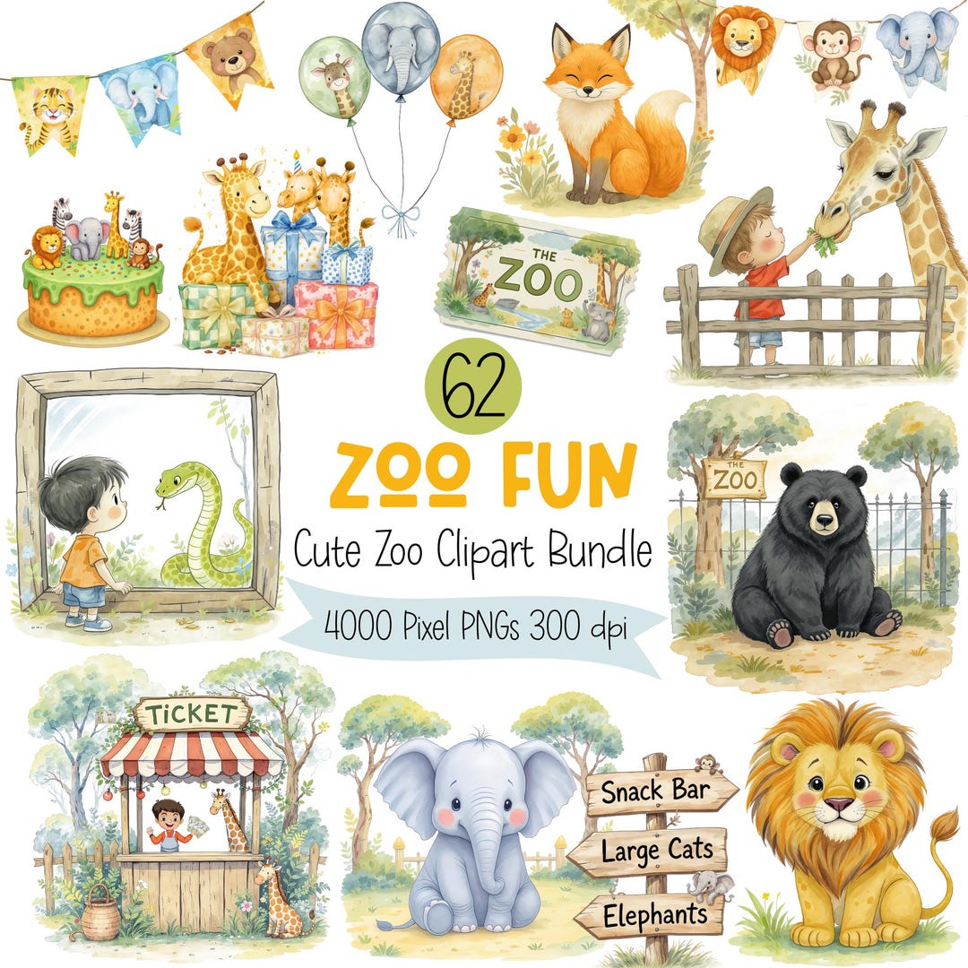 Zoo Animals Clipart for Kids | Cute Safari Animal Pngs | Zoo Birthday ...