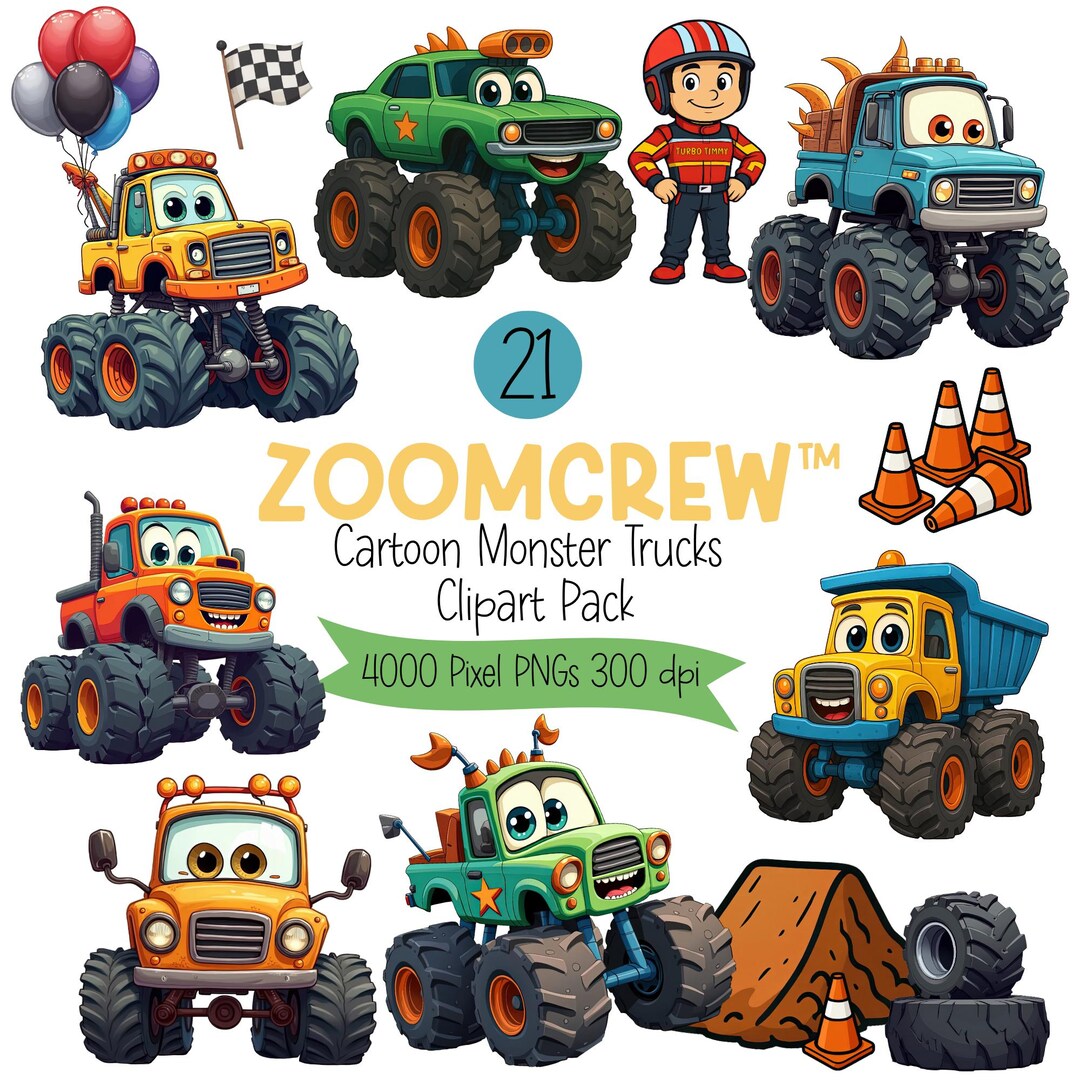 Monster Truck Clipart Bundle, Cartoon Truck PNG Graphics for Boys ...