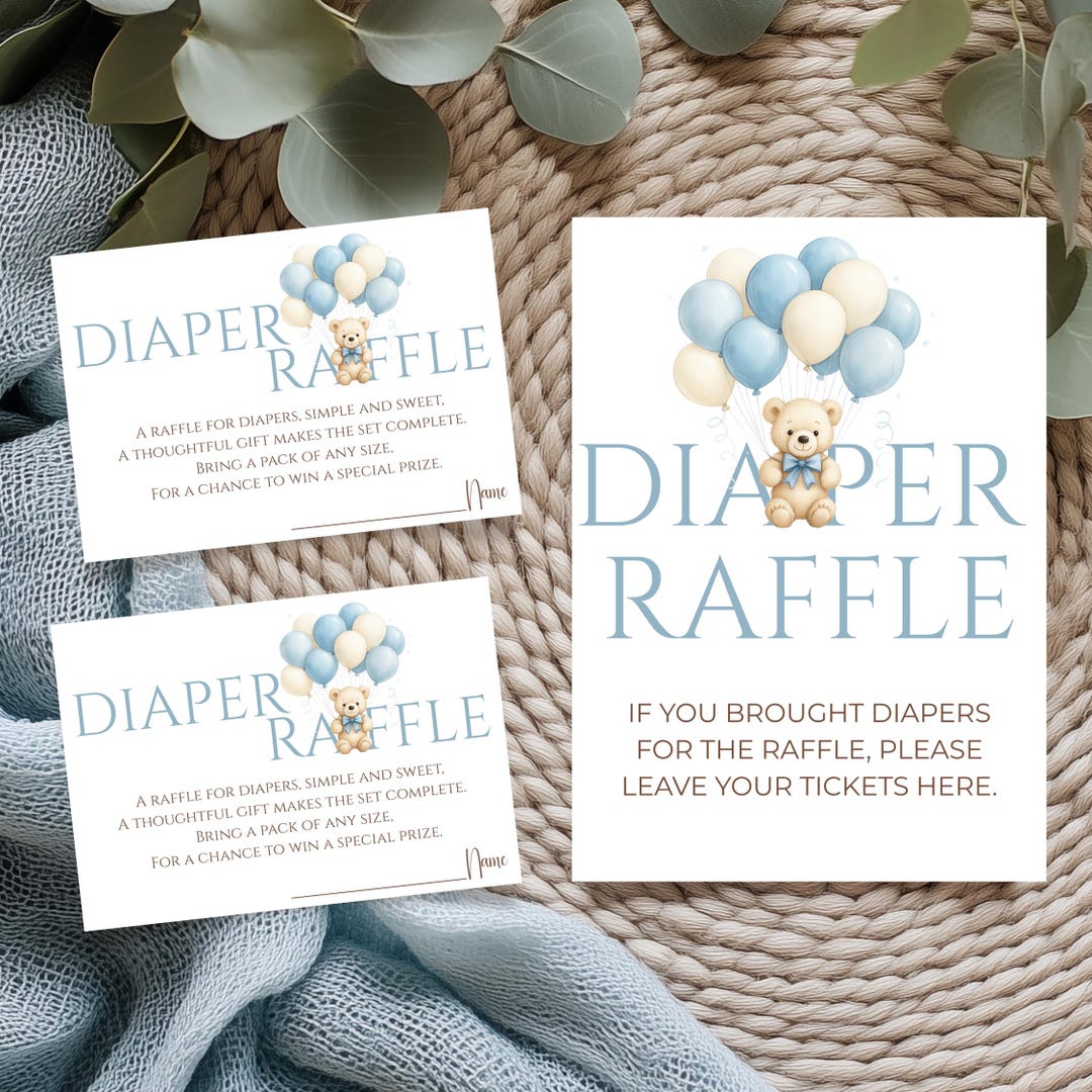 Blue Teddy Bear Diaper Raffle Ticket Set | Boy Baby Shower (digital ...