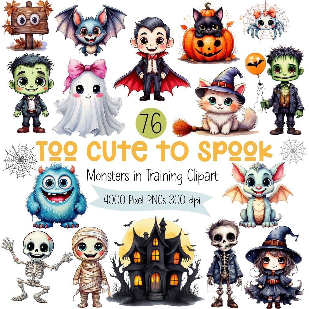 Cute Halloween Clipart Bundle, Kawaii Ghost Bat Witch Vampire Zombie ...