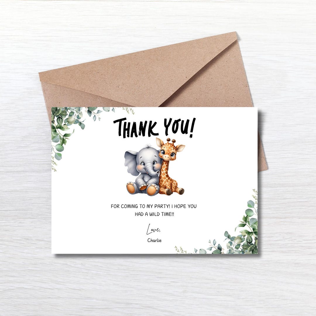 Editable Safari Birthday Thank You Card, Wild One 1st Birthday Party ...