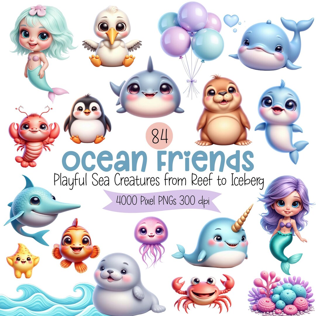 Ocean Animals Clipart Bundle: Sea Creatures, Mermaids, Penguins & Under ...