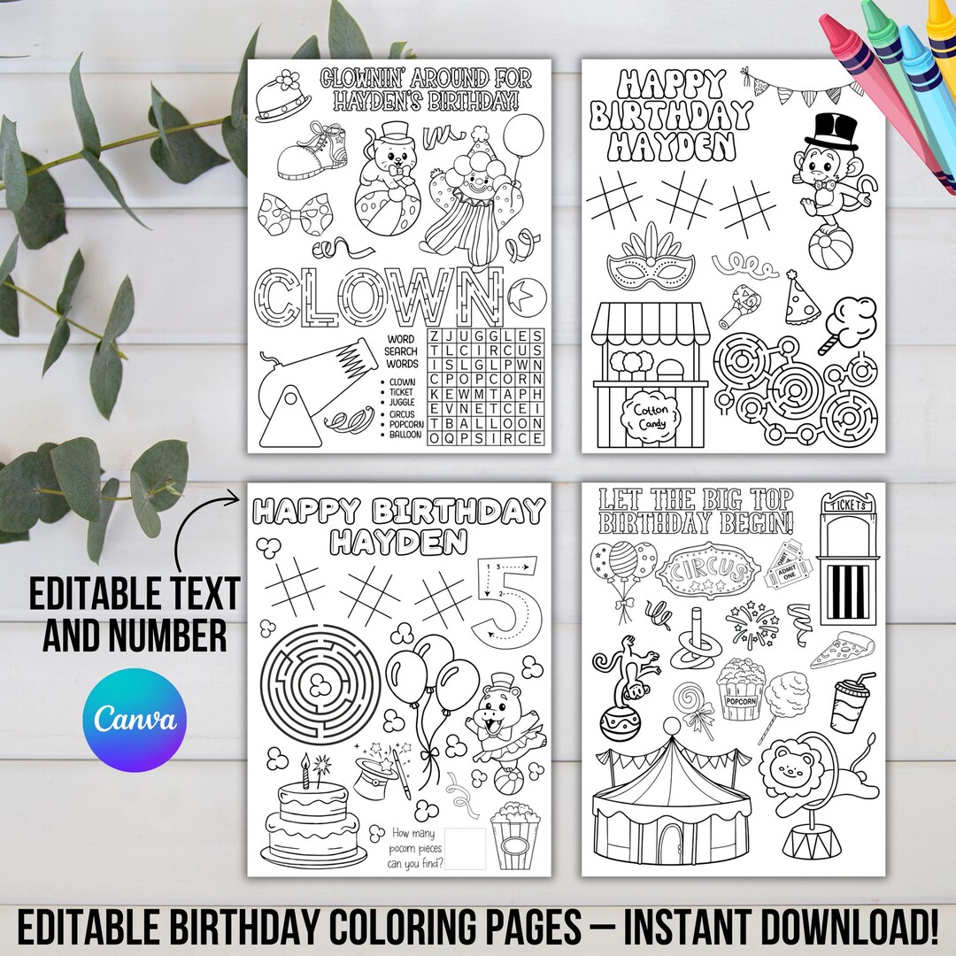 Circus Birthday Coloring Pages | Editable Carnival Party Kids Activity ...