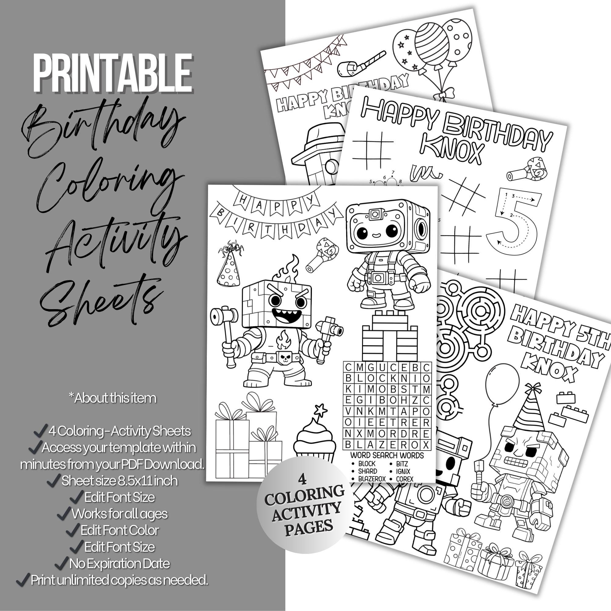 Blocky Robot Birthday Coloring Pages, Printable Builder Game Coloring ...