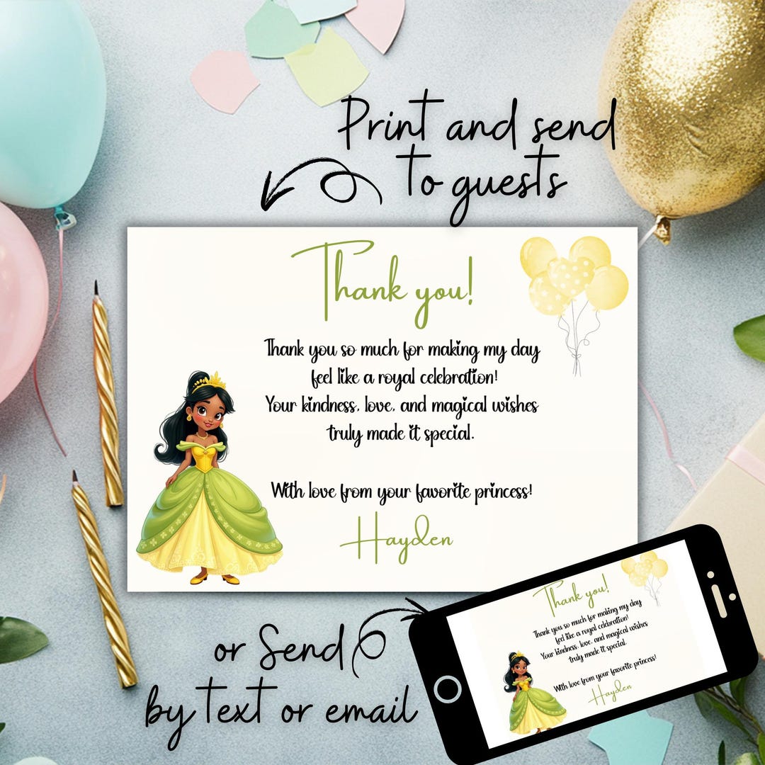Editable Princess Thank You Card, Green Royal Birthday Note, Girls ...