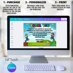 Super Mario Birthday Thank You Card, Printable Mario Bros Party Card, Editable Digital Card ...