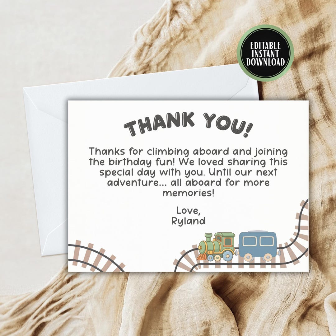 Train Birthday Thank You Card Printable, Railway Birthday Note ...