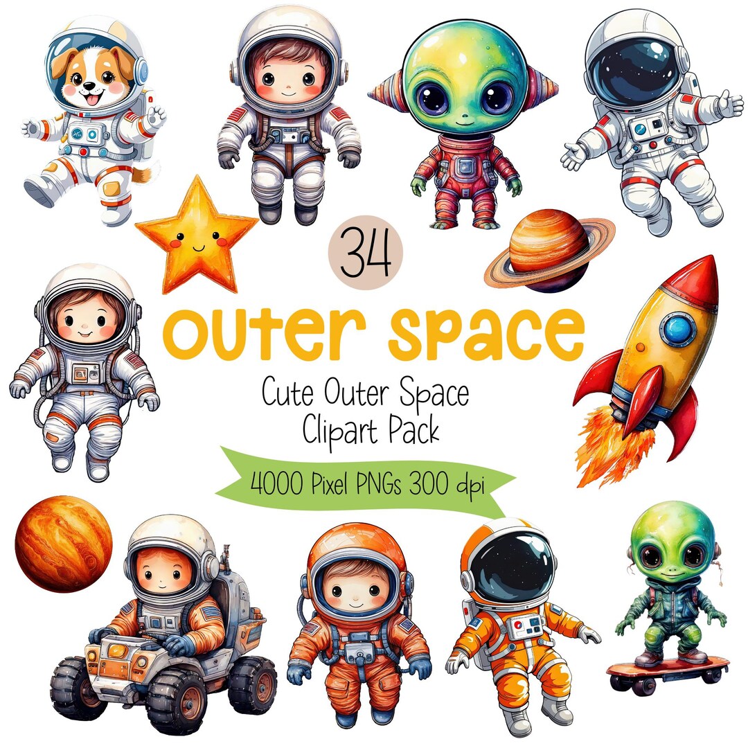 Cute Outer Space Clipart Bundle | Astronauts, Rockets, Planets & Aliens ...