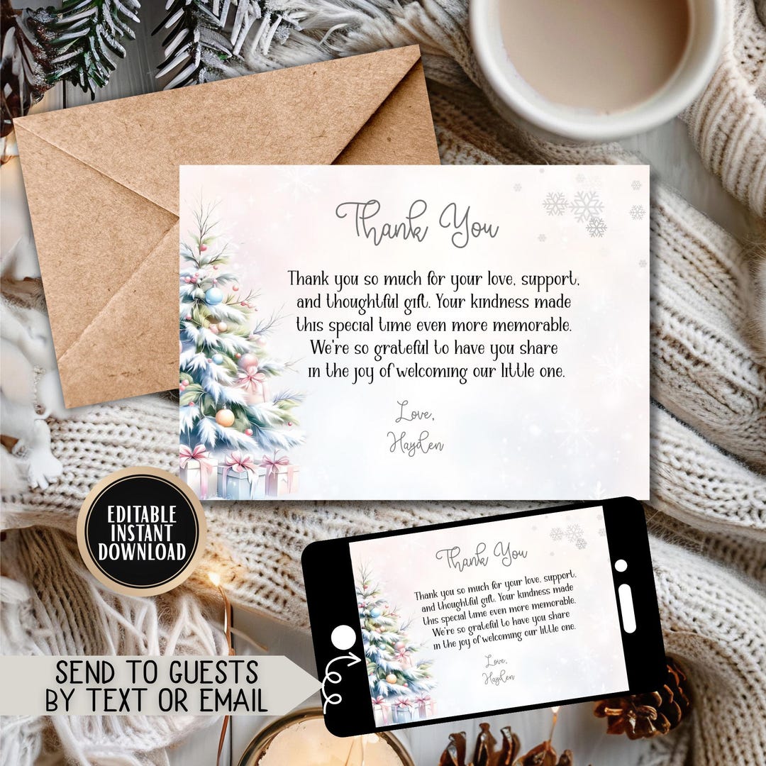 Winter Baby Shower Thank You Card Template, Snowy Christmas Note ...
