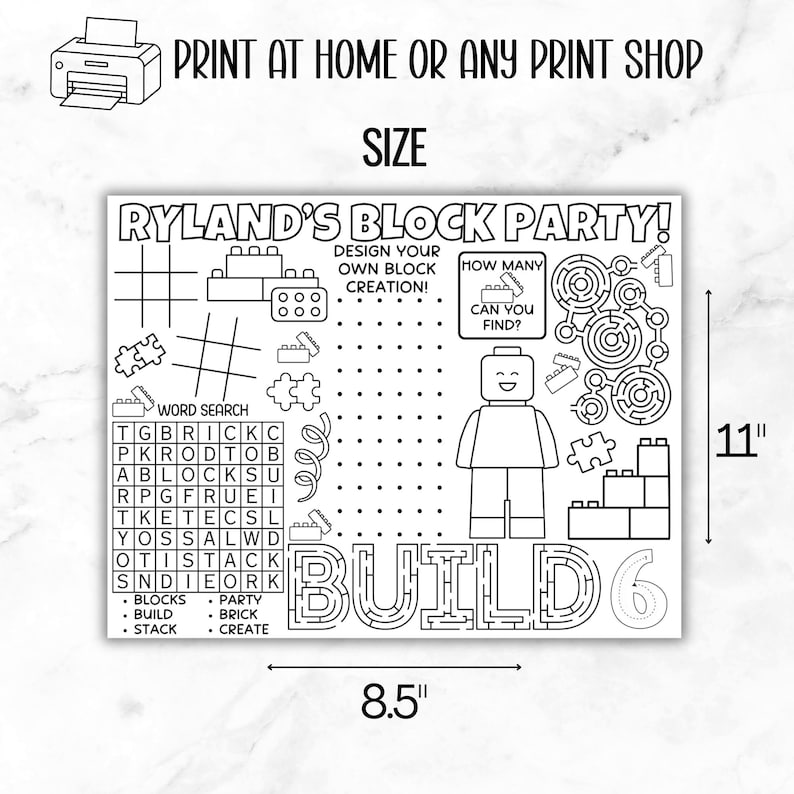 Building Blocks Birthday Activity Placemat – Builder Party Coloring Mat ...