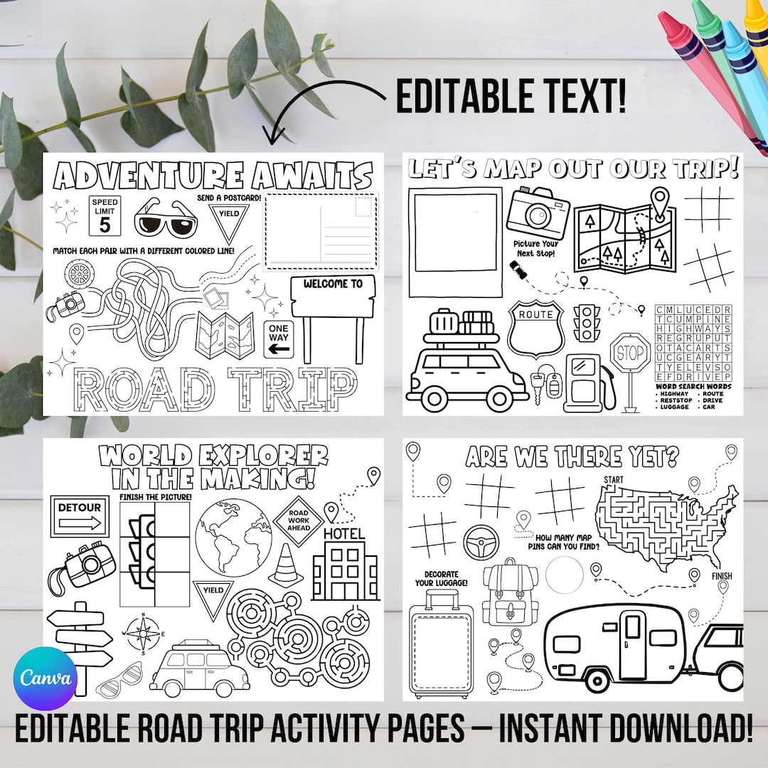 Road Trip Coloring Pages for Kids, Travel Games Printable, Editable Car ...