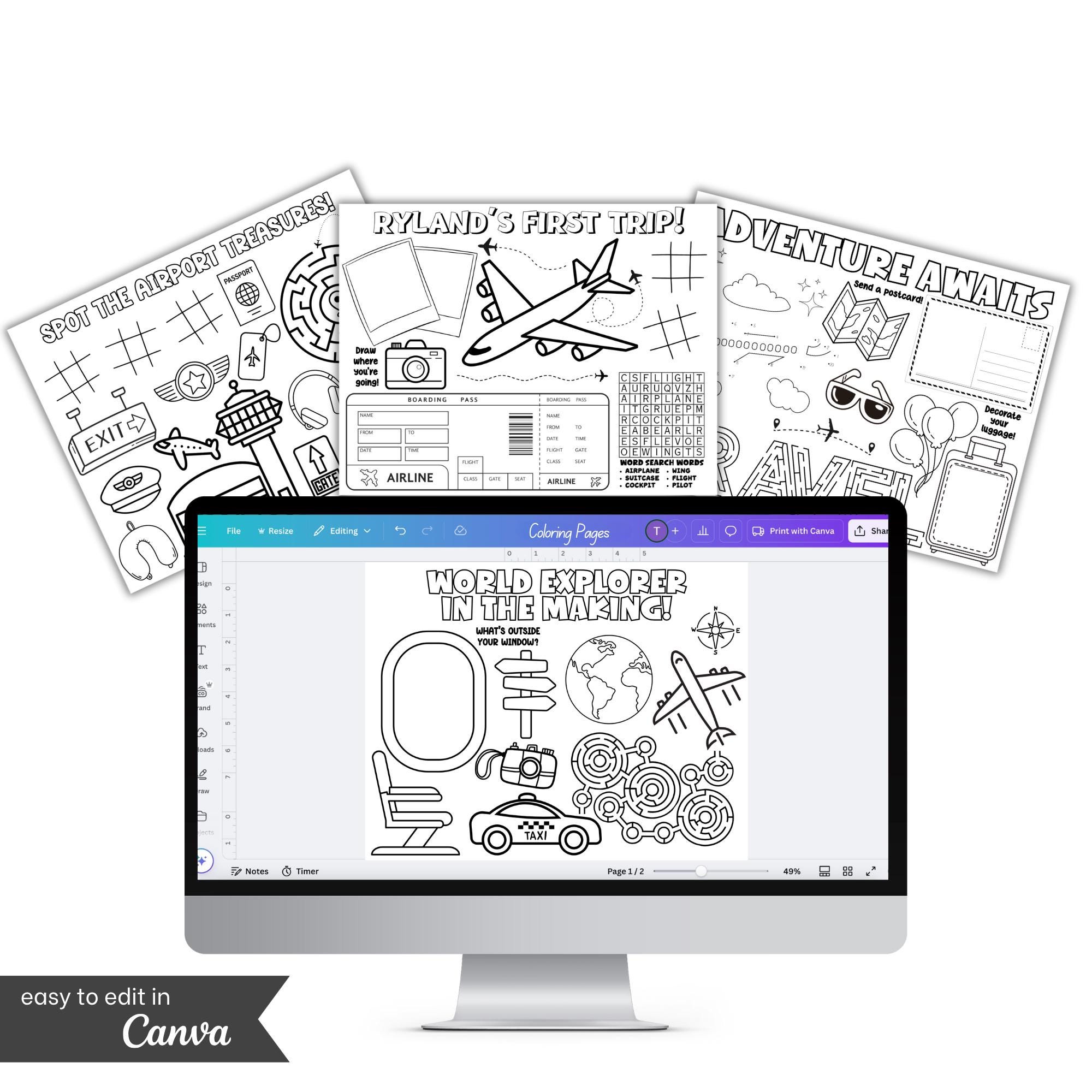 Editable Flight Activity Coloring Sheets: Airplane Travel Printables ...