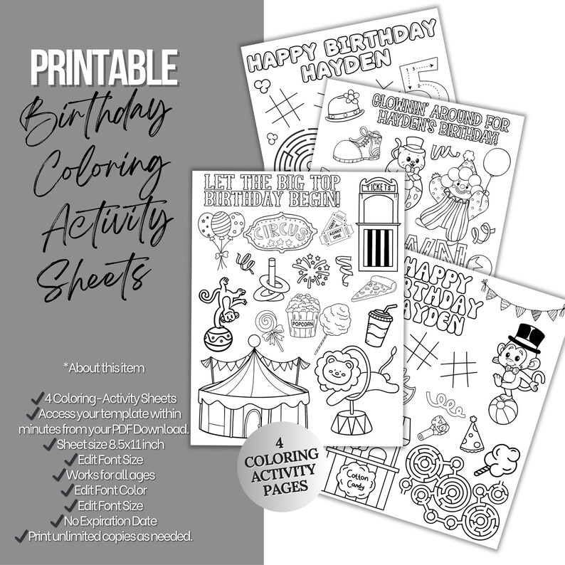 Circus Birthday Coloring Pages | Editable Carnival Party Kids Activity ...