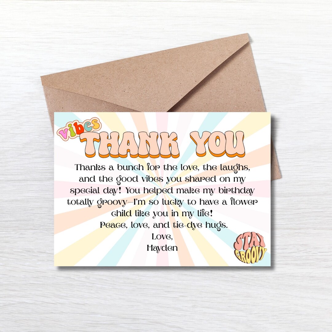Groovy Birthday Thank You Card | Retro Hippie Kids Party Printable Note ...