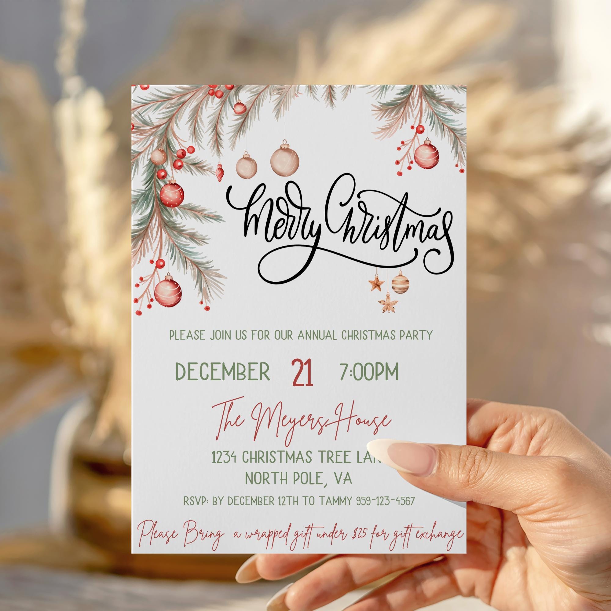 Rustic Christmas Party Invitation – Holiday Greenery Template, Editable ...