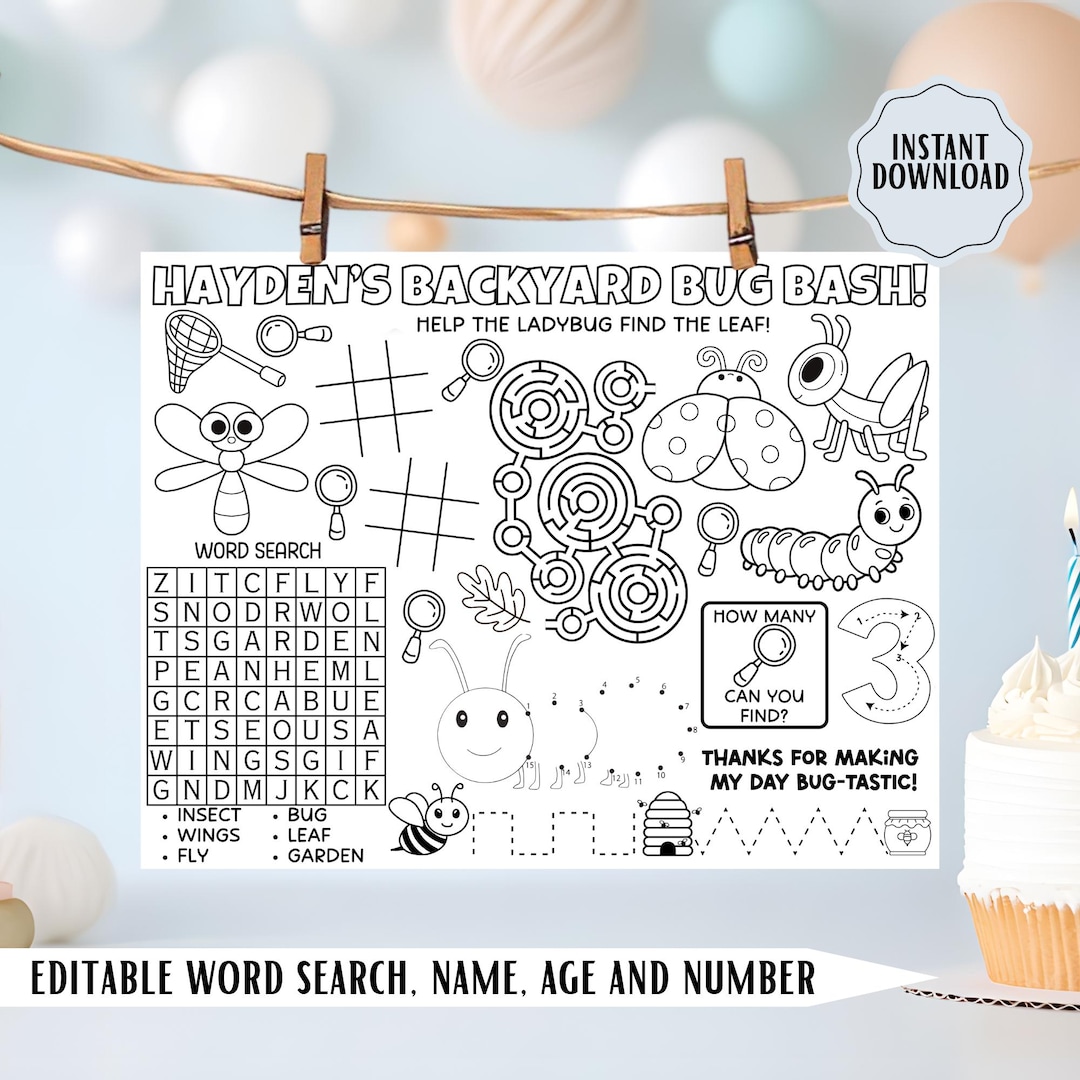 Bug Birthday Activity Placemat – Insect Party Games, Garden Bash ...