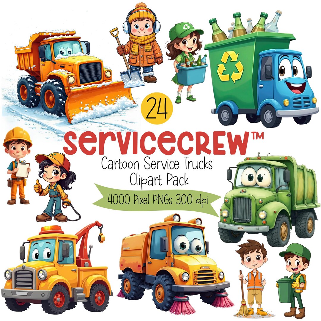 Service Trucks Clipart Bundle | Cartoon Utility Vehicles & Workers PNG ...
