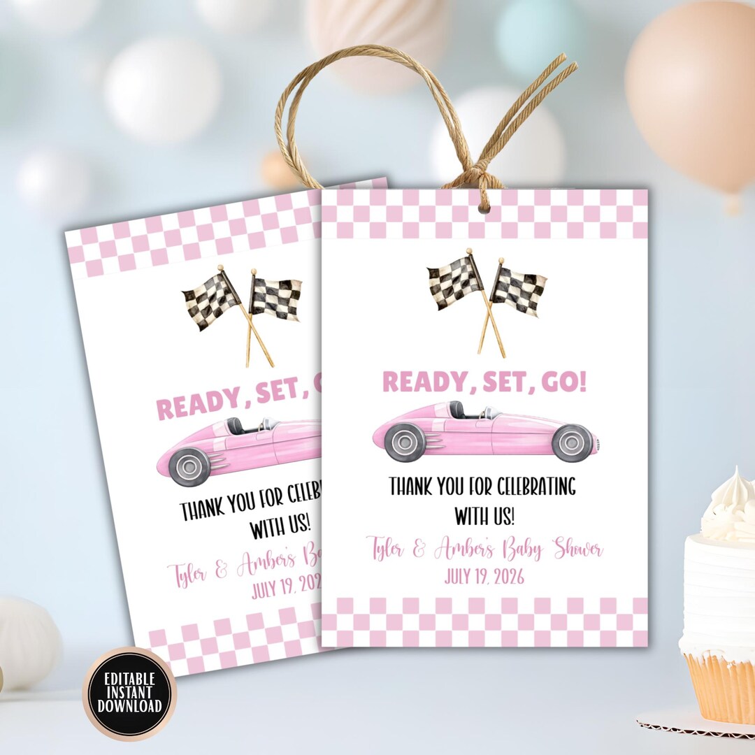 Race Car Baby Shower Favor Tags, Editable Little Racer Thank You Card ...
