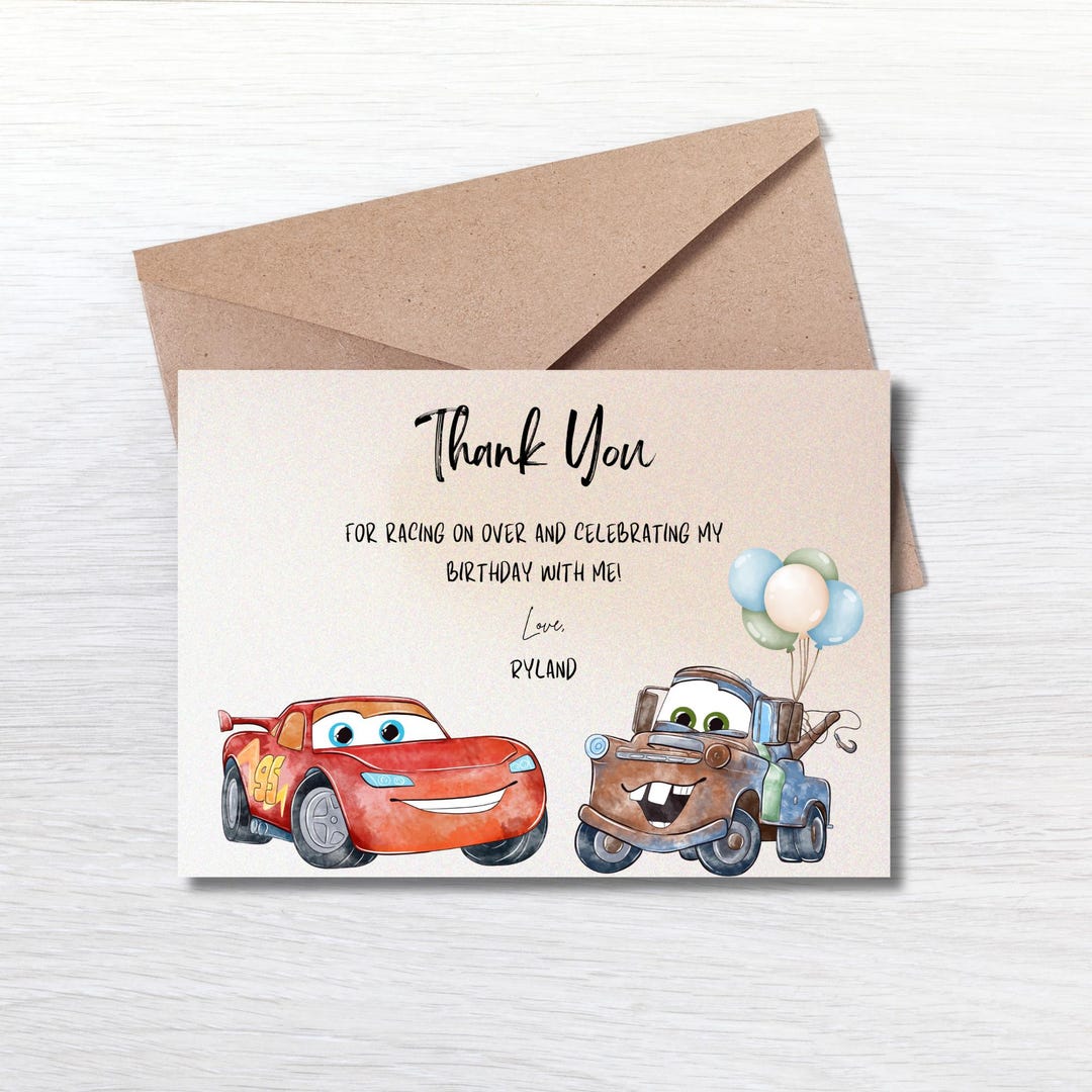 Editable Cars Thank You Card, Disney Pixar Lightning Mcqueen-tow Mater ...