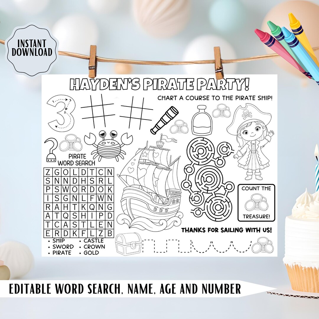 Pirate Birthday Activity Placemat – Kids Party Table Games Mat ...