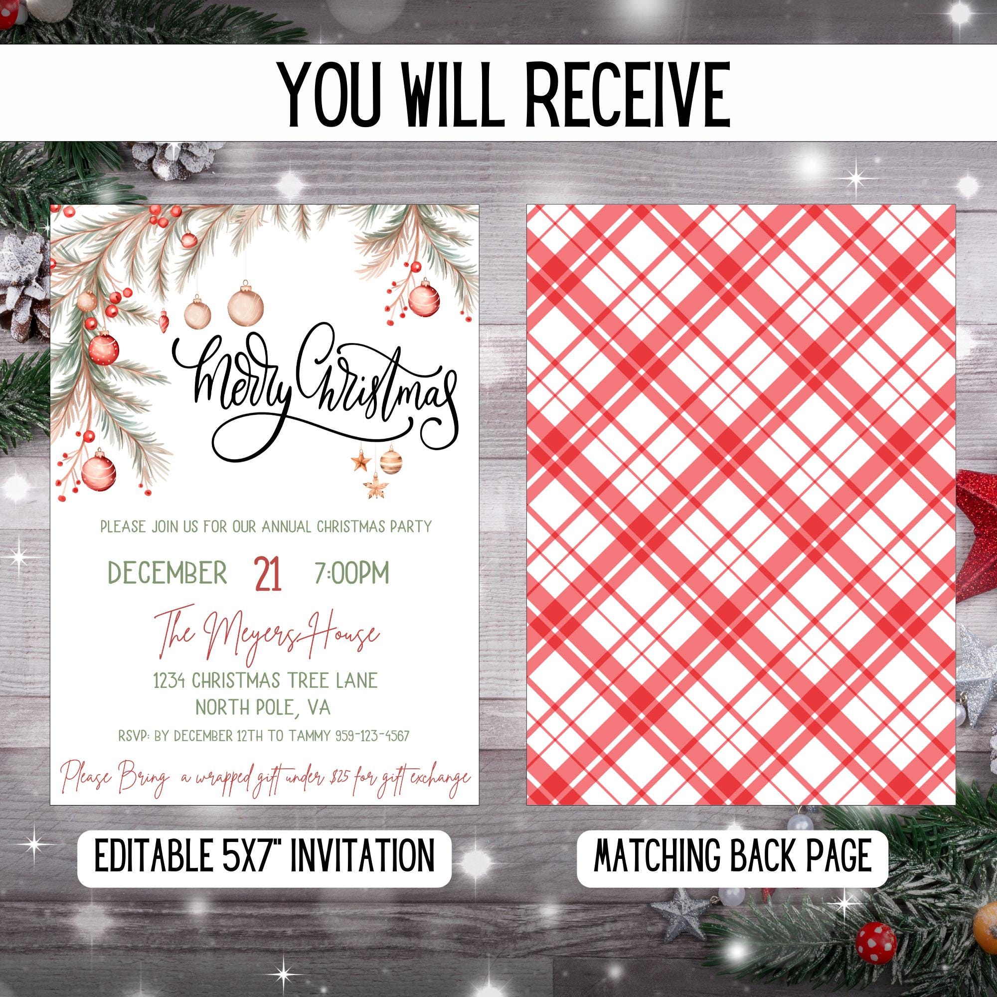 Rustic Christmas Party Invitation – Holiday Greenery Template, Editable ...