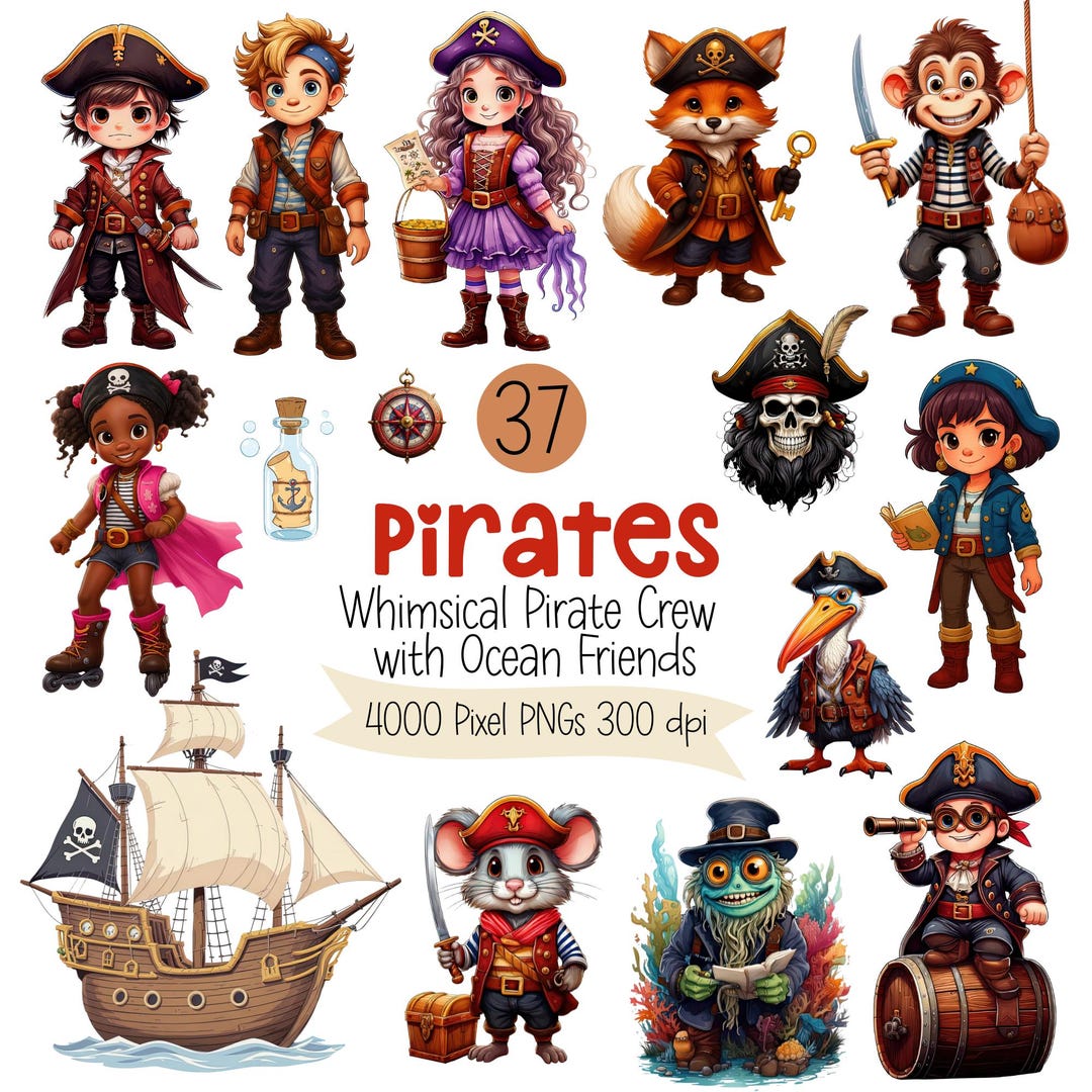 Pirate Clipart Bundle | Kids Pirate Characters, Animals, Ships ...