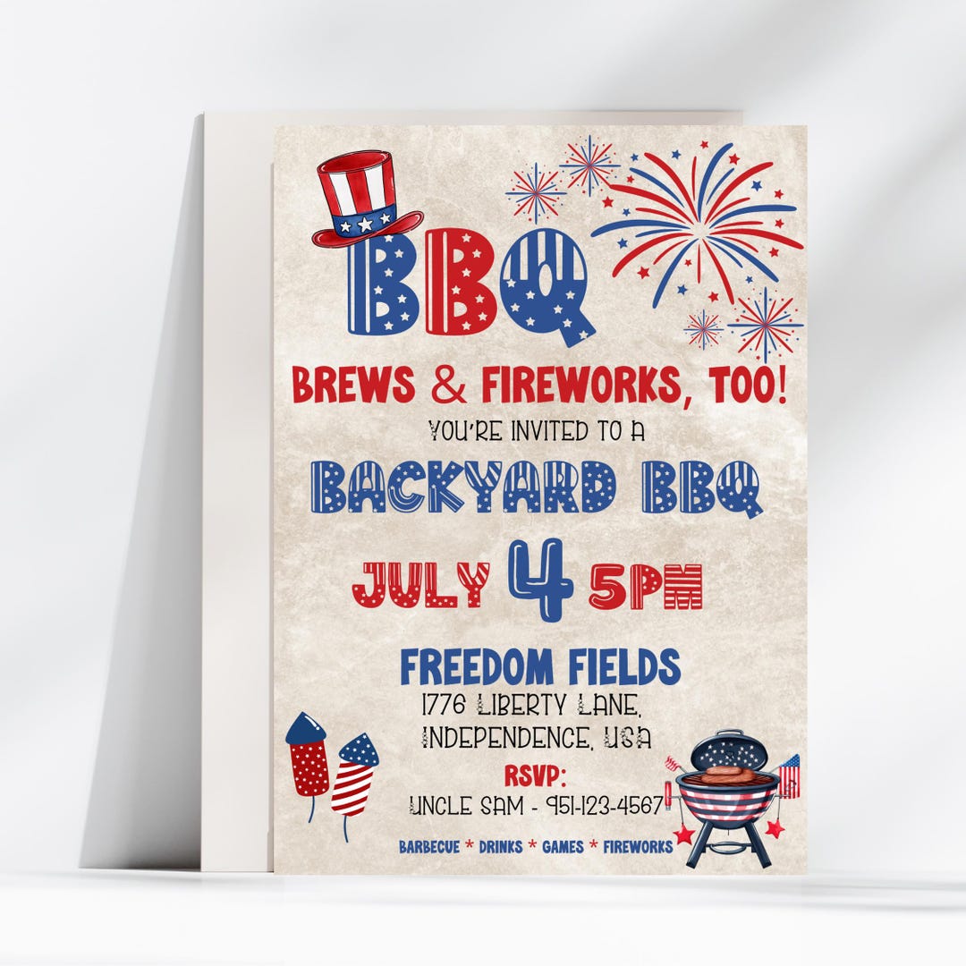 Fourth of July BBQ Invitation, Patriotic Backyard BBQ Party Invite, 4th ...