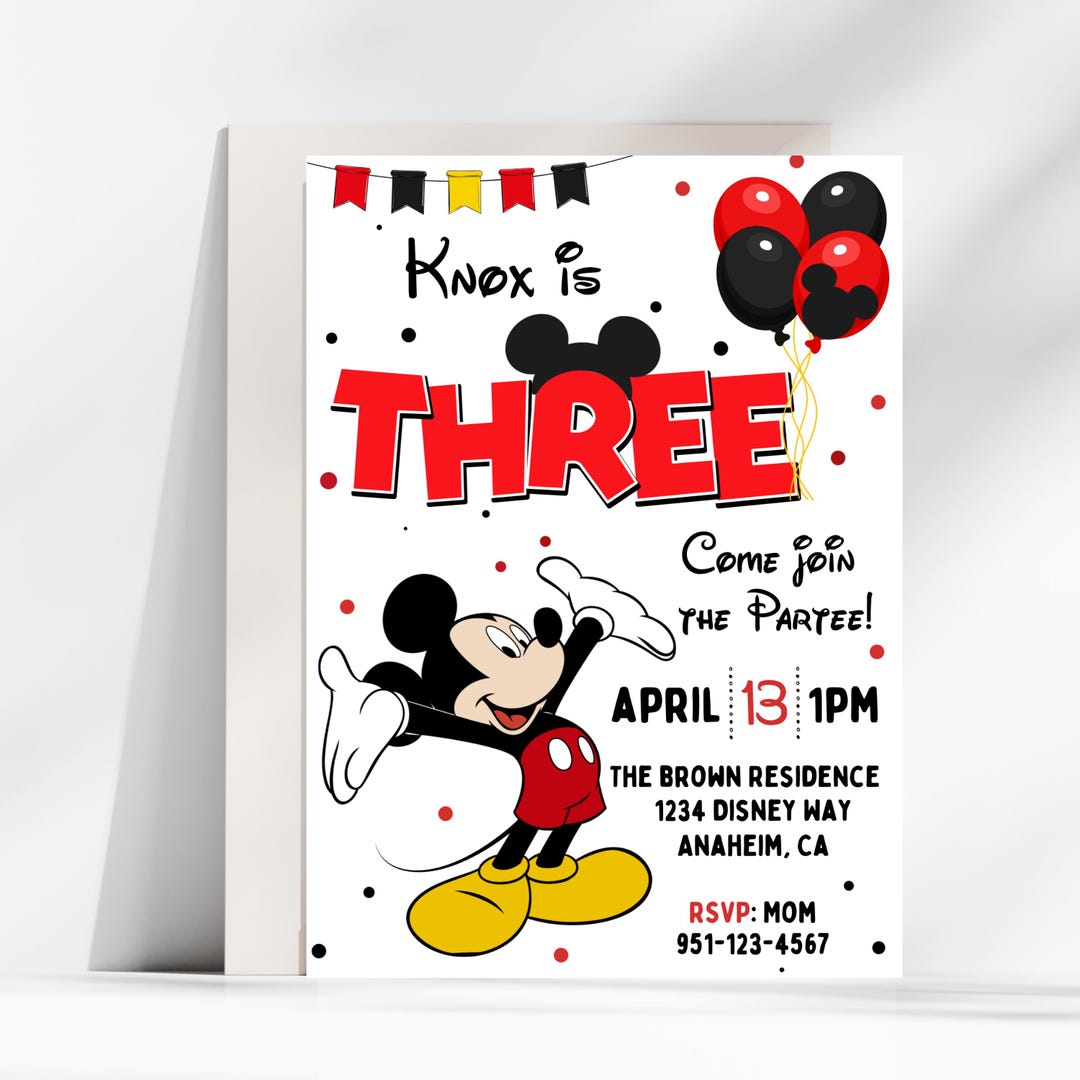 EDITABLE Mickey Mouse 3rd Birthday Party Invitation, Mickey Cartoon ...