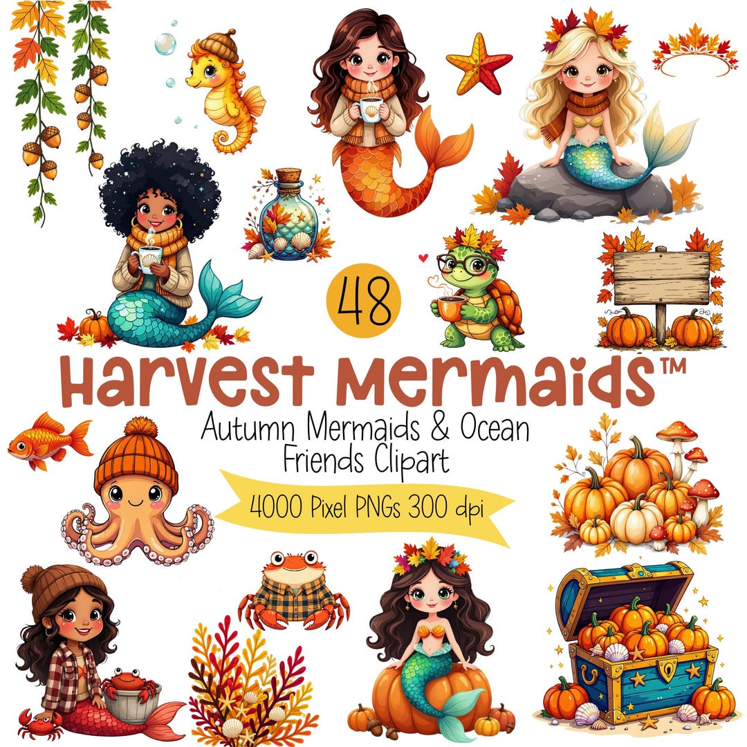 Fall Mermaid Clipart PNG | Autumn Ocean Animals & Cozy Mermaids ...