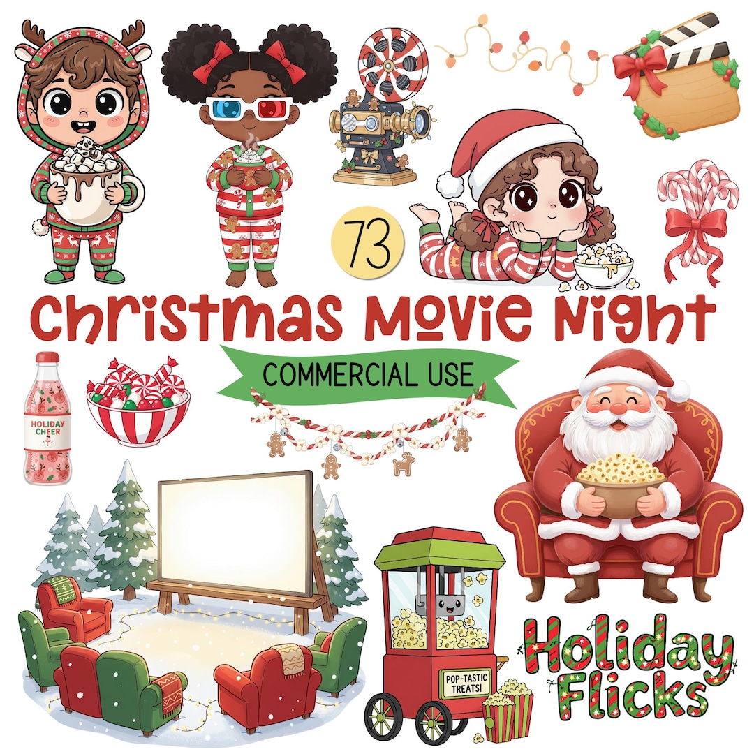 Christmas Movie Night Clipart | Holiday Kids–santa Claus PNG Bundle ...