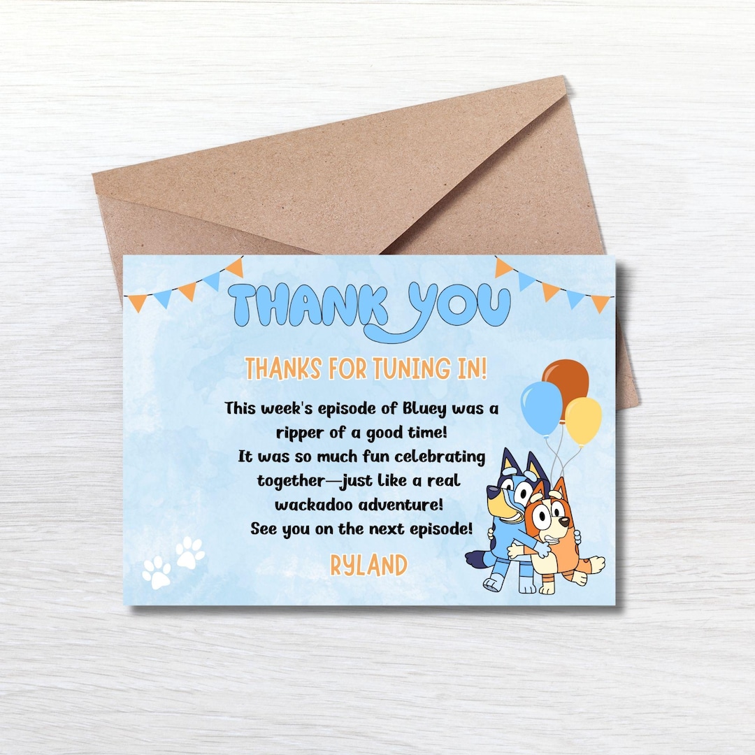 Buy Bluey Birthday Thank You Card, Printable Bluey Party Card, Editable ...