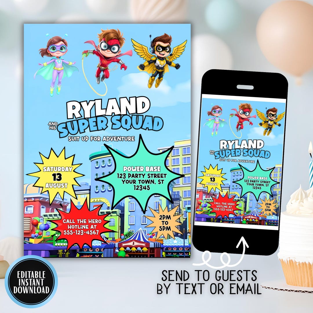 Superhero Birthday Invitation, Cartoon Hero Comic Party Invite for Kids ...