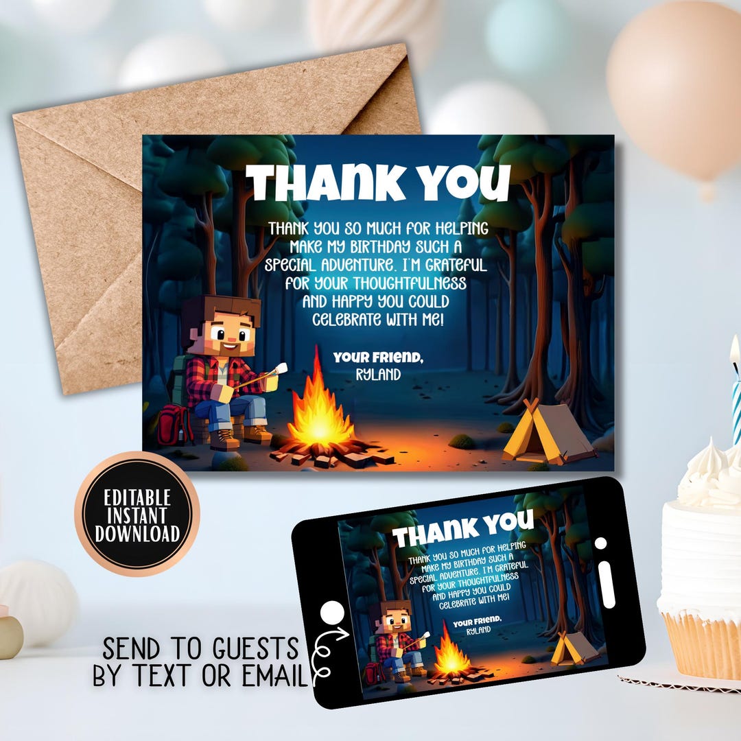 Camping Thank You Card Editable Template | Adventure Birthday (digital ...