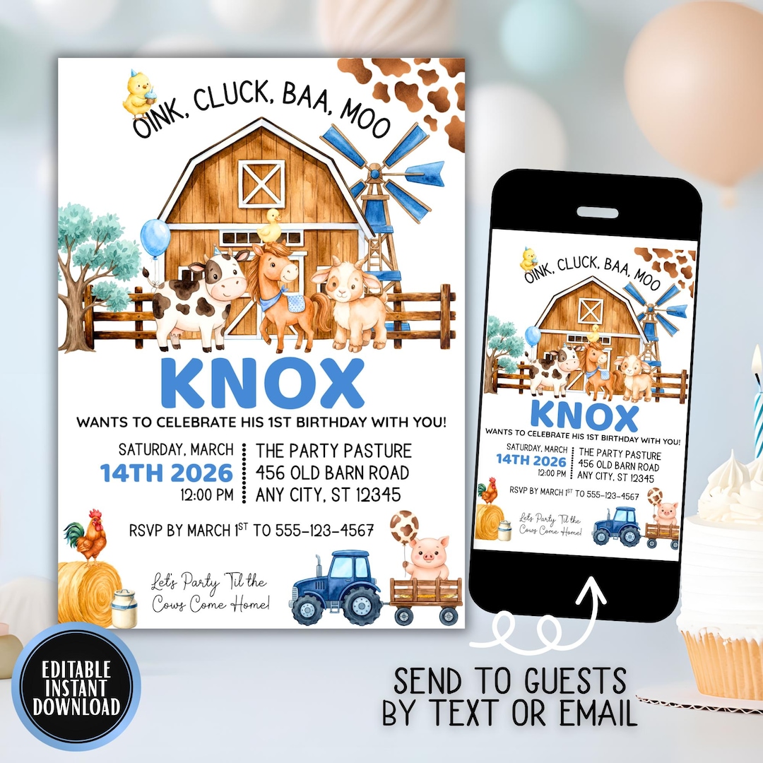 Farm Birthday First Birthday Invitation, Editable Barnyard Animal Party ...