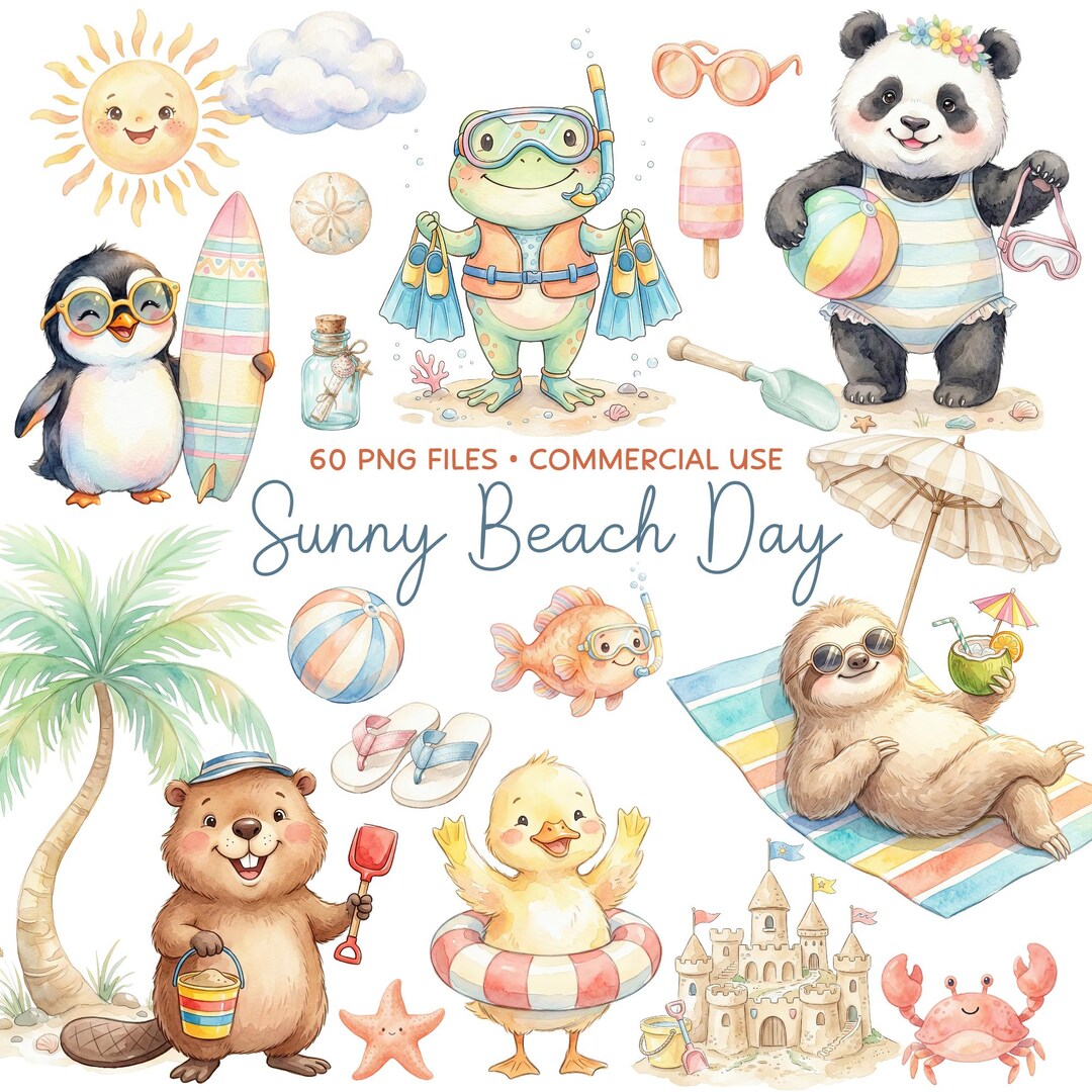 Summer Clipart Set, Beach Animals PNG, Tropical Clip Art Bundle, Ocean ...