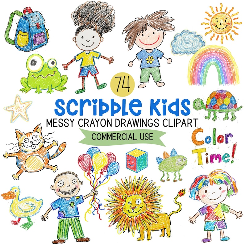 Messy Crayon Drawings Clipart | Naive Childlike Doodle Art PNG Set ...