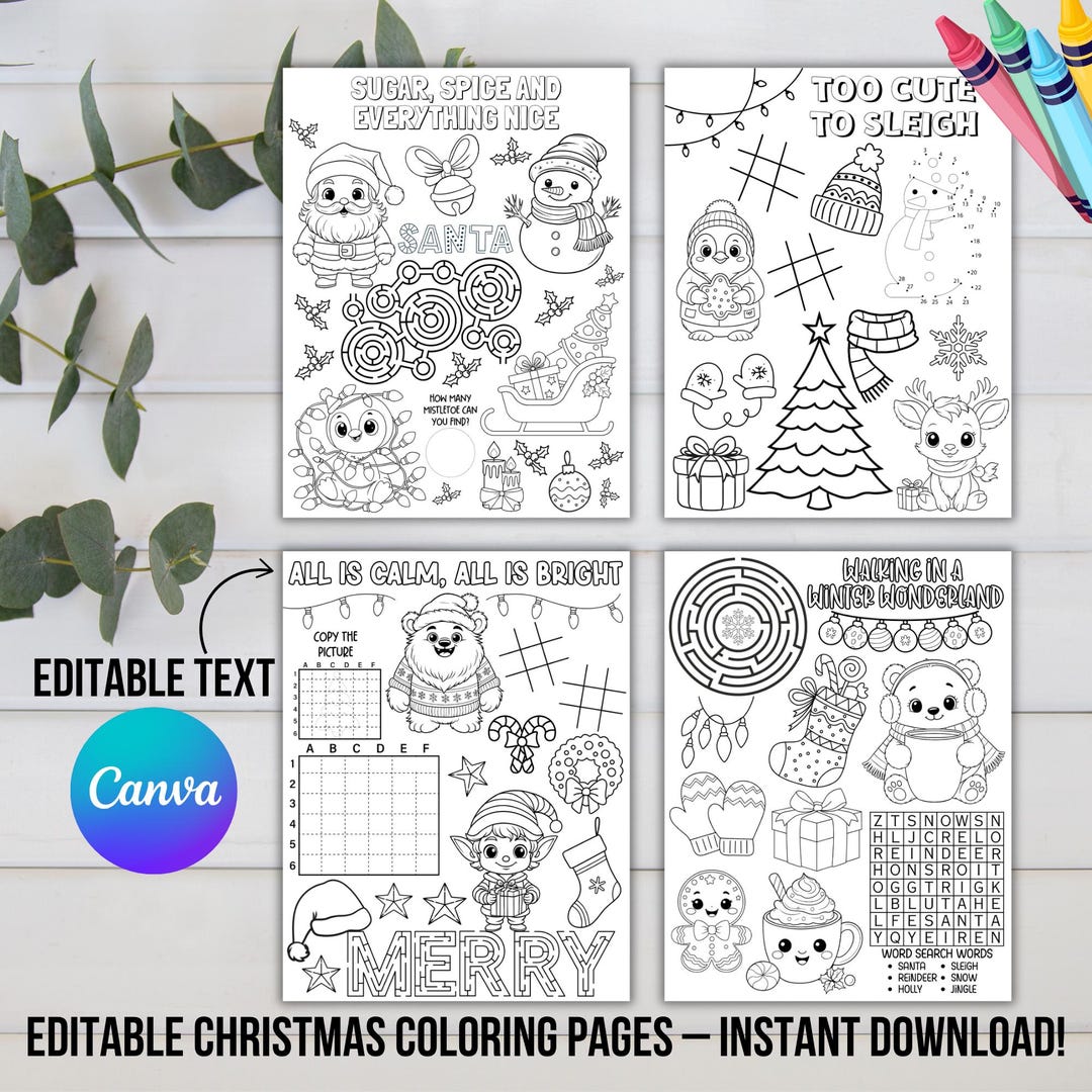 Christmas Coloring Activity Pages, Kids Holiday Games Printable, Cute ...