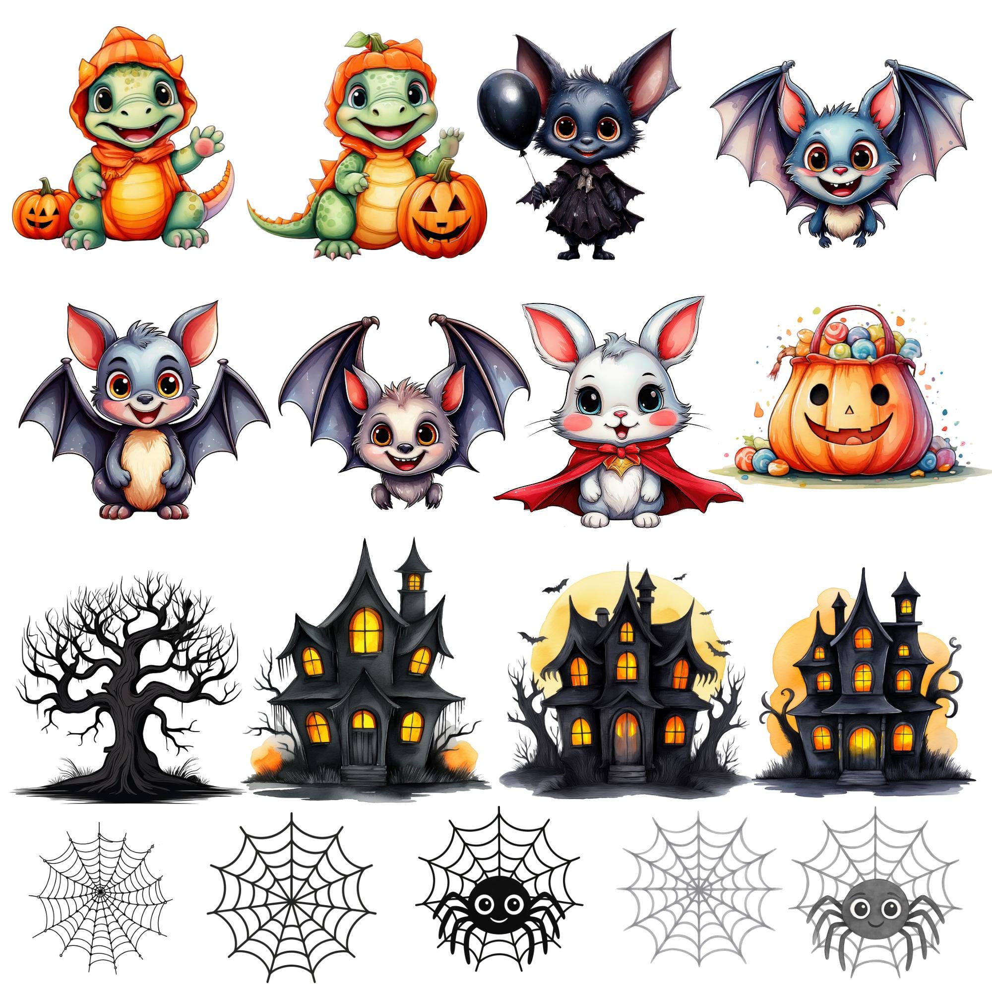 Cute Halloween Clipart Bundle, Kawaii Ghost Bat Witch Vampire Zombie ...