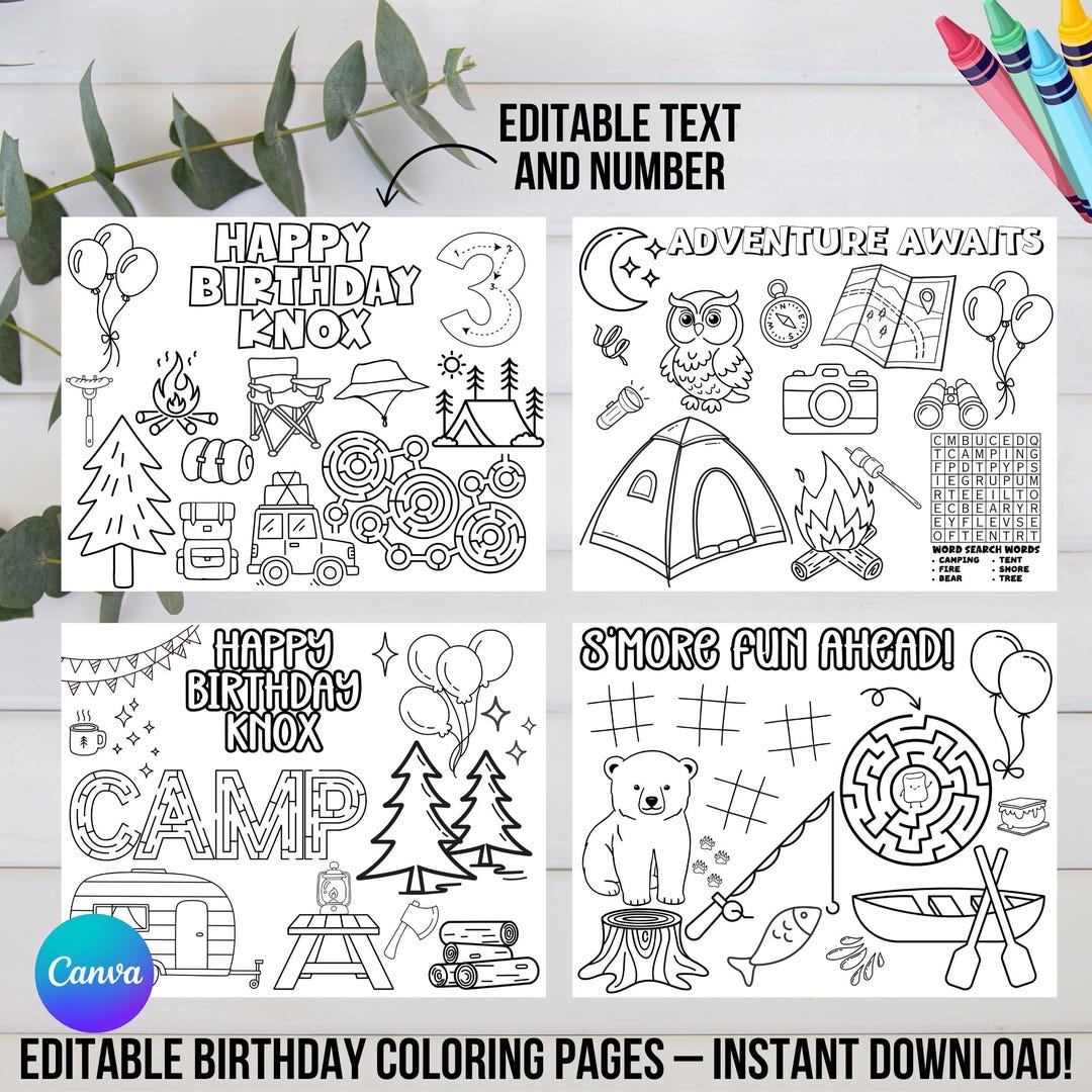 Camping Birthday Coloring Pages, Editable Kids Party Activity Sheets ...