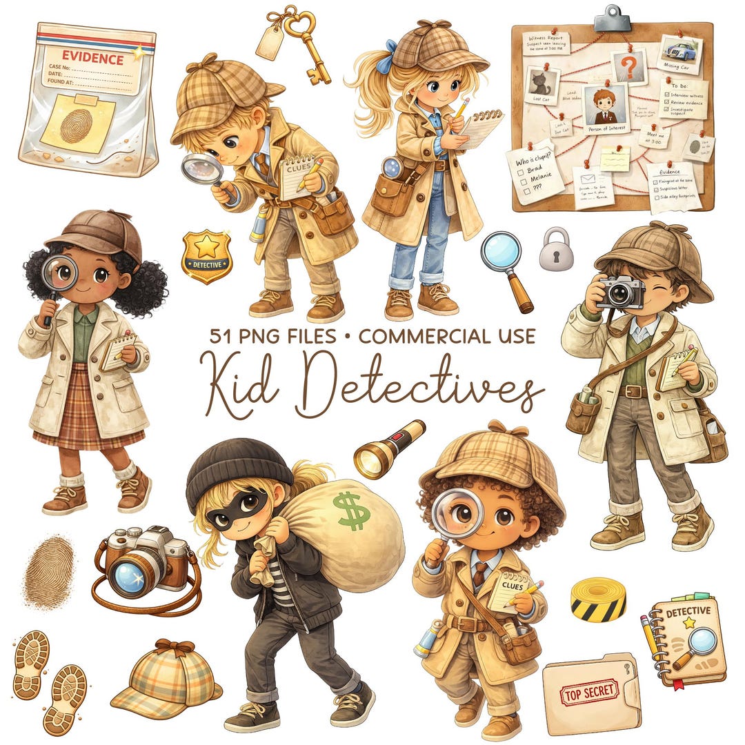Kid Detective Clipart Bundle, Watercolor Mystery Party PNG, Vintage ...