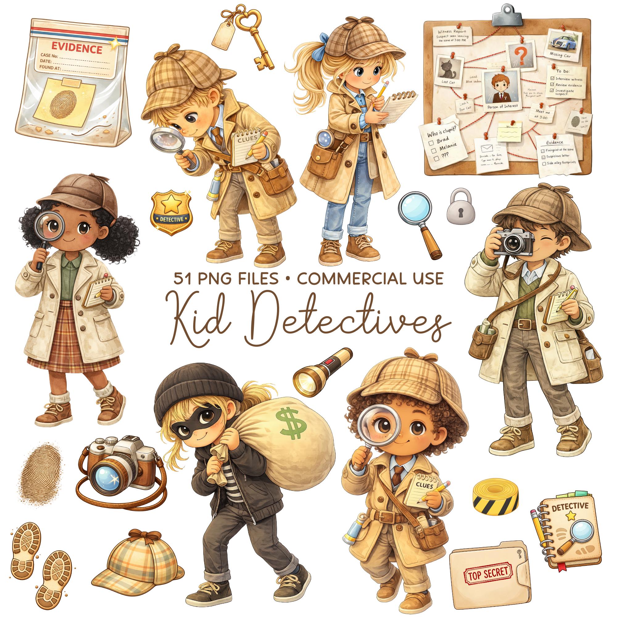 Kid Detective Clipart Bundle, Watercolor Mystery Party PNG, Vintage ...